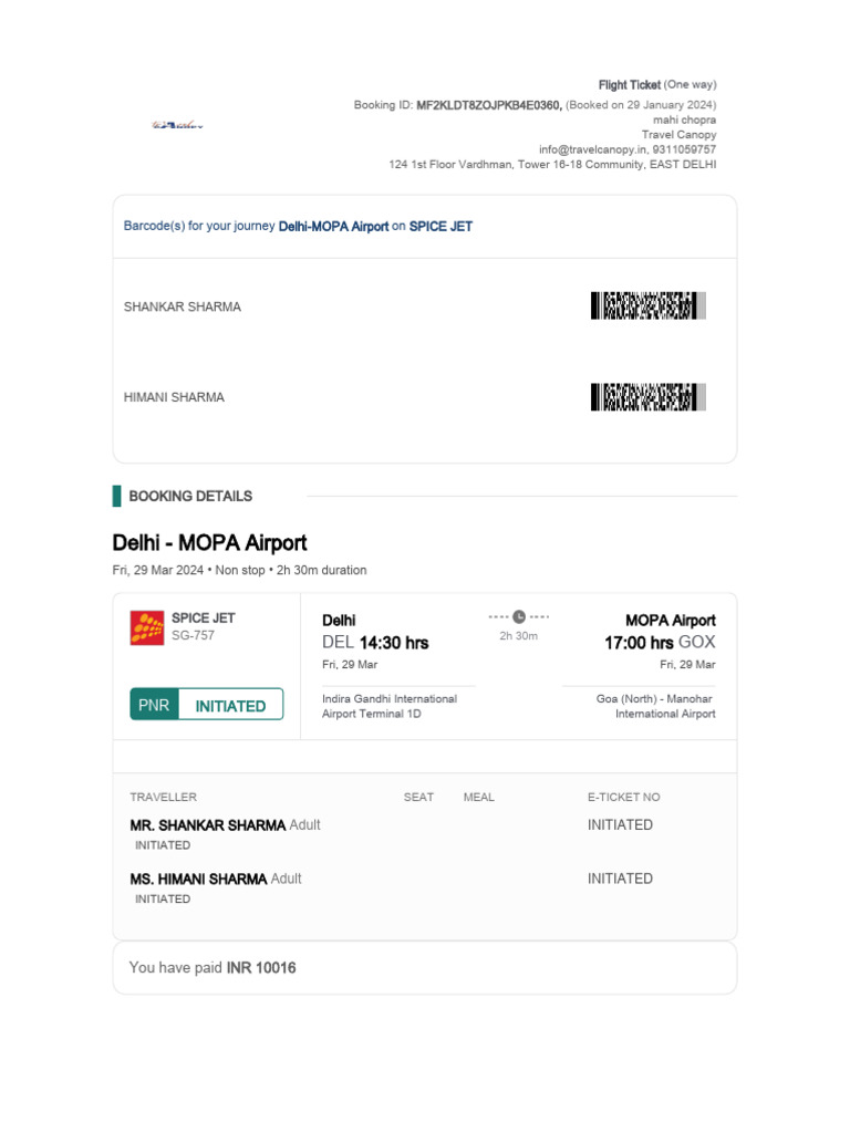 Delhi to Goa Flight Booking Details | PDF