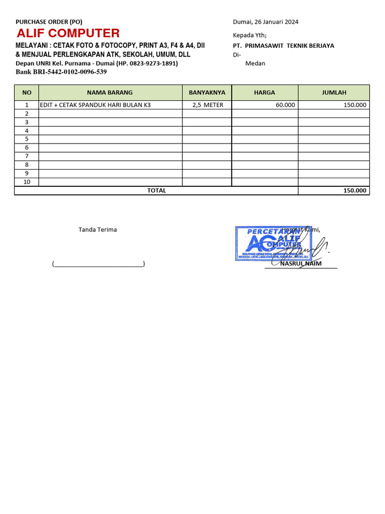 Purchase Order (Po) PT PTB Medan | PDF