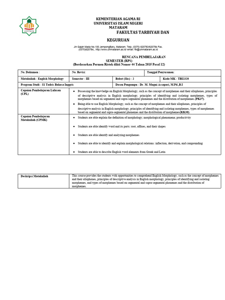 RPS English Morphology | PDF | Morphology (Linguistics) | Adverb