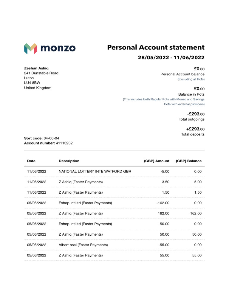 Monzo Bank Statement 2022 05 28-2022 06 11 8174 | PDF | Deposit Account ...