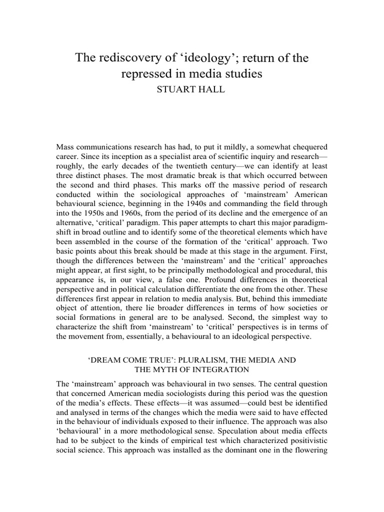 Hall - The Rediscovery of 'Ideology' Return of The Repressed in Media ...