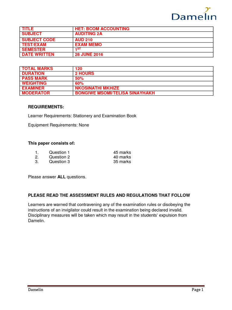 Auditing 2A Exam Memo | Download Free PDF | Audit | Corporate Social ...