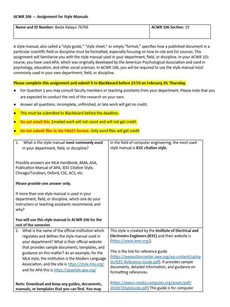 ACWR 106 Assignment For Style Manuals | Download Free PDF | Apa Style | Citation
