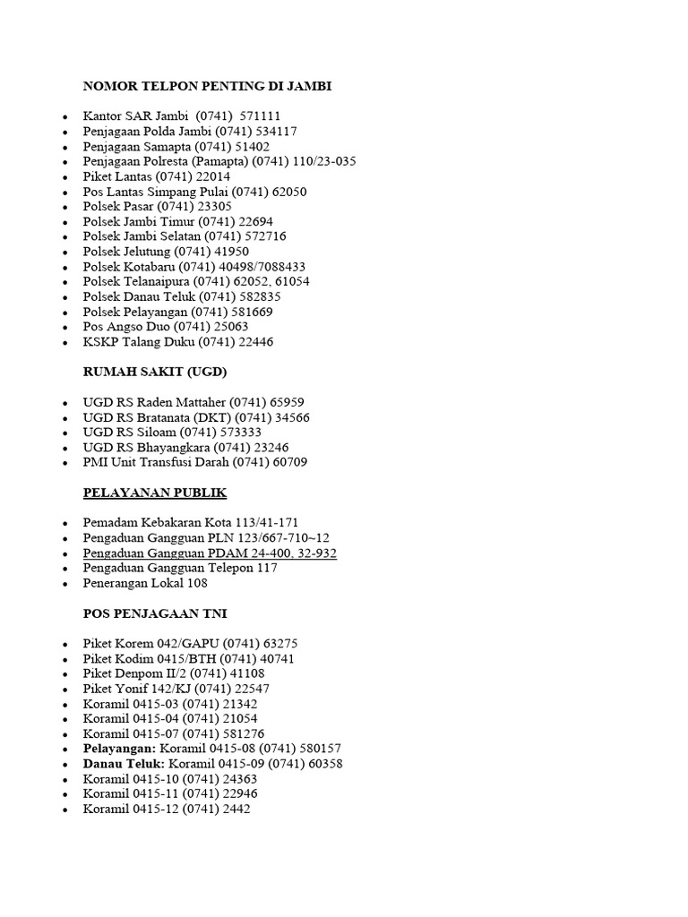 Nomor Telpon Penting Di Jambi | PDF