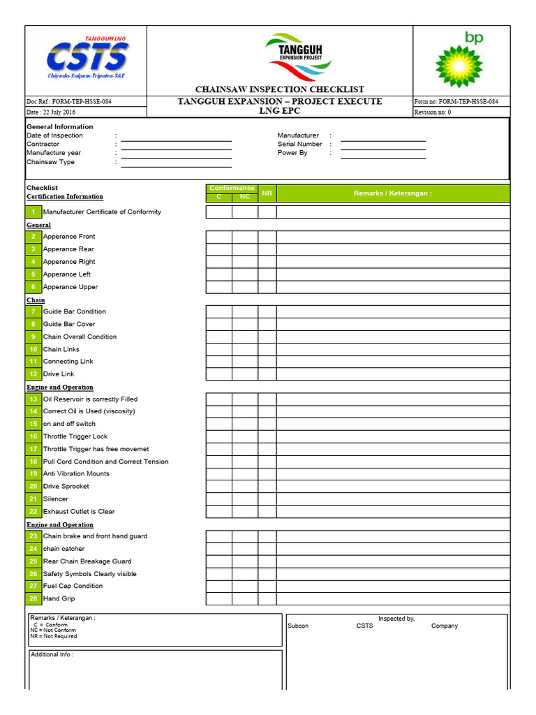 Chainsaw Inspection Checklist Form | PDF