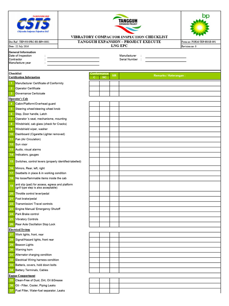 Checklist Vibratory Compactor | PDF | Leak | Automotive Technologies