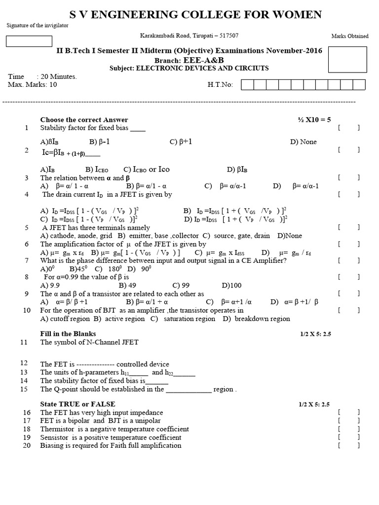 I -1 +1 Ic βI I I I or Ico I: II B.Tech I Semester II Midterm (Objective) Examinations November ...