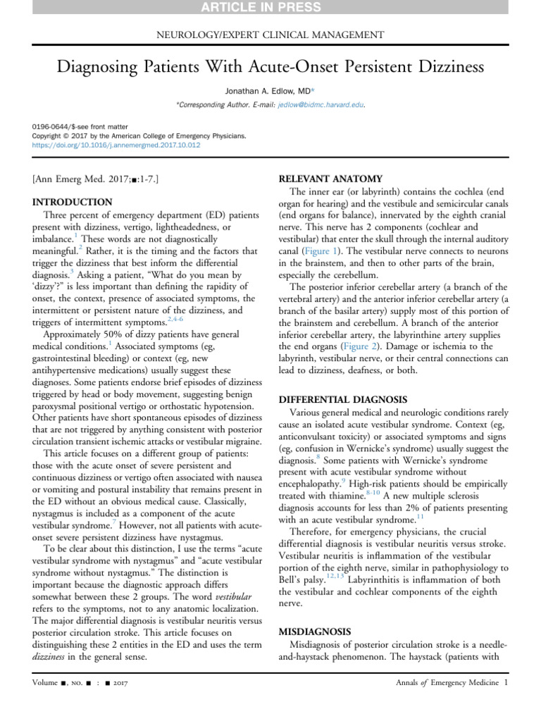 Diagnosing Patients With Acute-Onset Persistent Dizziness 2017 | PDF | Vertigo | Stroke