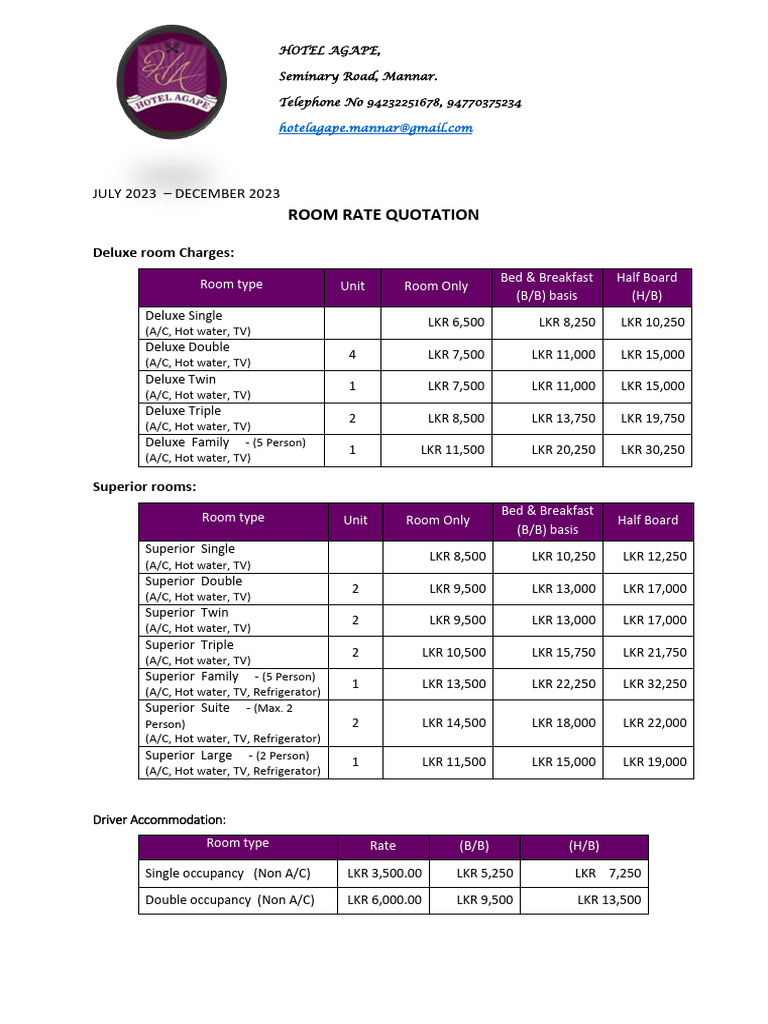 Room Rate Quotation (July-December) | PDF | Air Conditioning