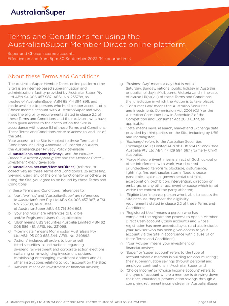 AustralianSuper Member Direct Terms | PDF