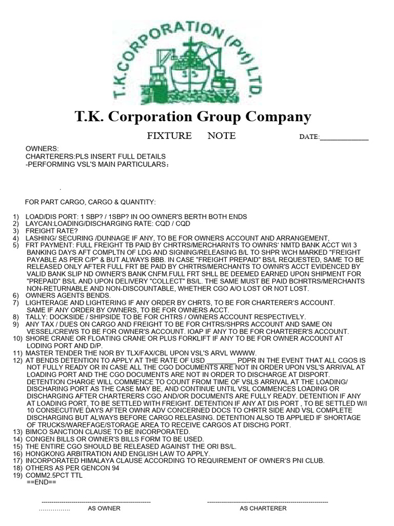 Fixture Note for TK Corporation Shipping | PDF | Cargo | Shipping