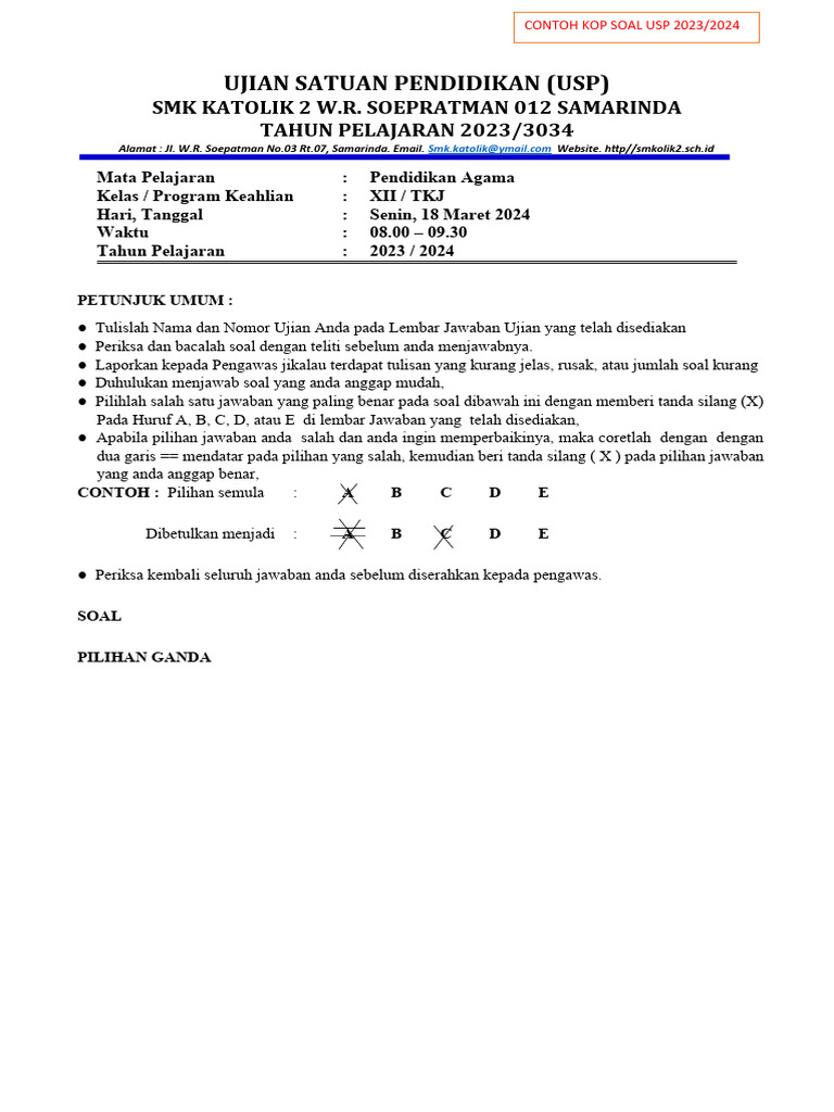 Contoh Kop Soal Usp | PDF
