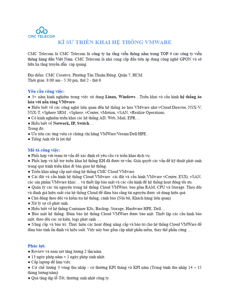 CTEL JD Kĩ Sư Triển Khai VMware | PDF