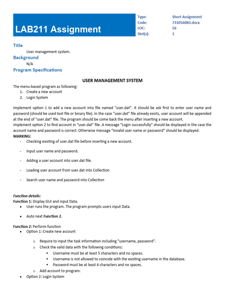LAB211 Assignment: Title Background Program Specifications | PDF | User (Computing) | Password
