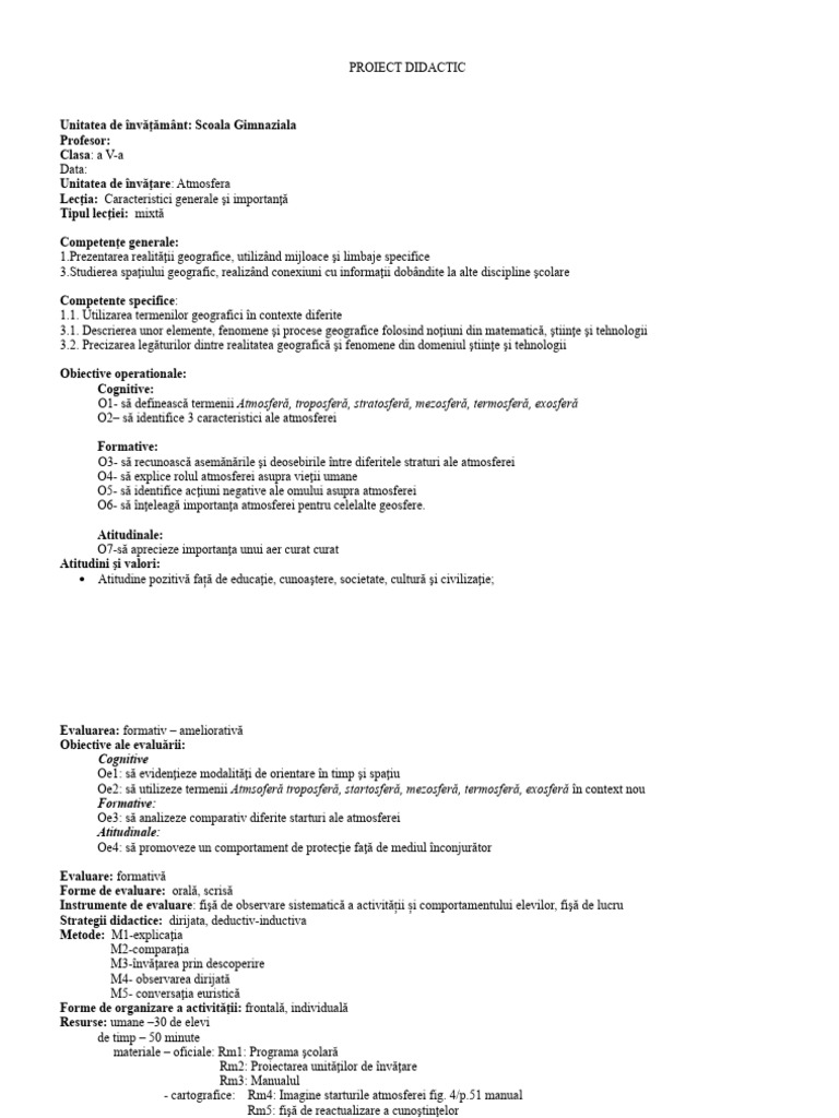 Proiect Didactic, Atmosfera | PDF