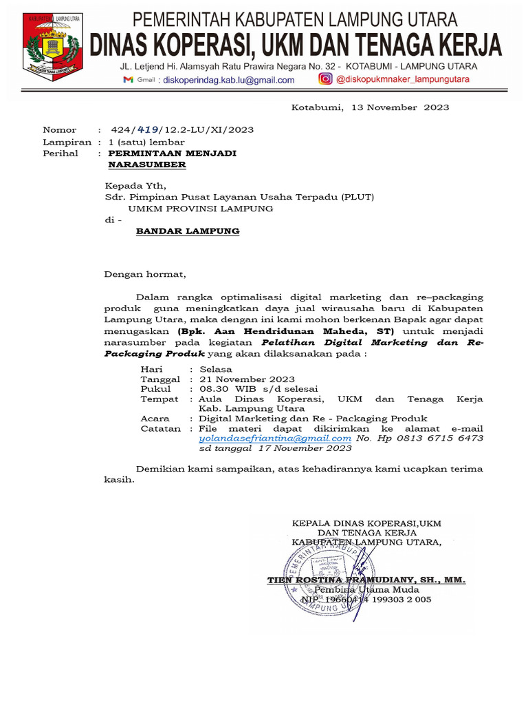 Pak AAN Permintaan NARASUMBER Digital Marketing & Re Packaging Produk | PDF