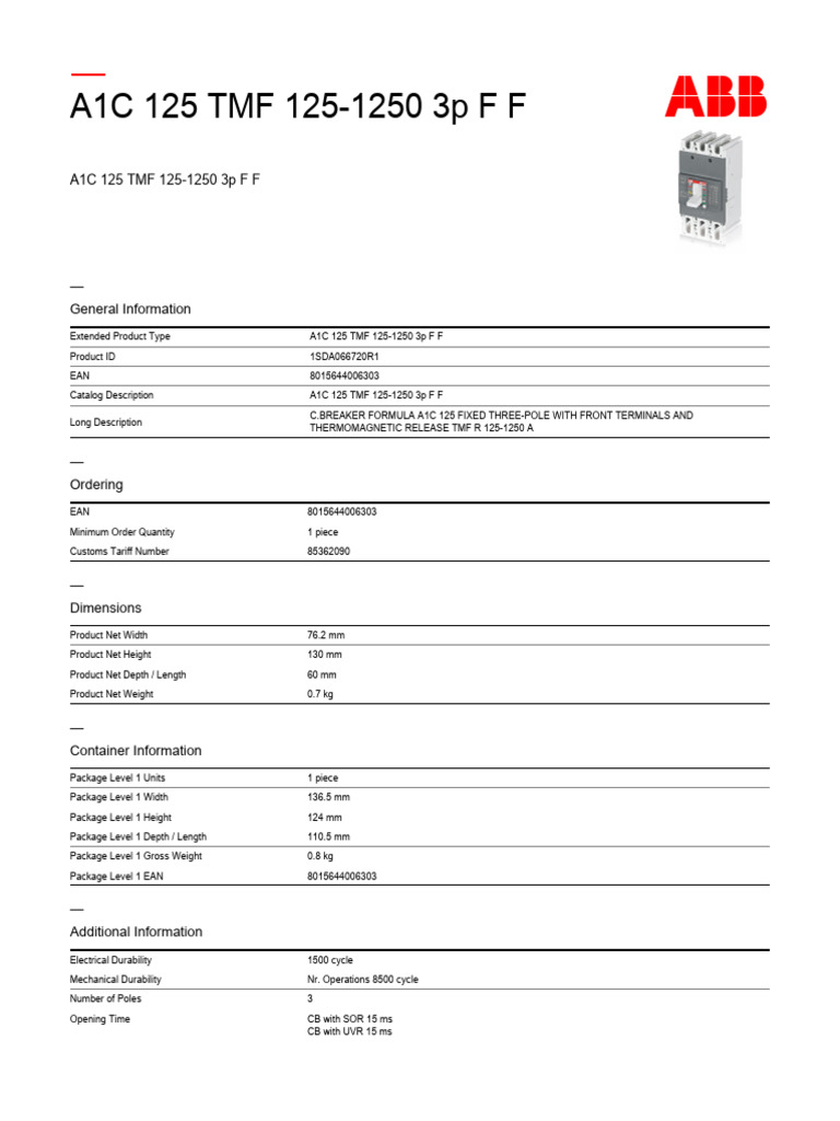 1SDA066720R1 A1c 125 TMF 125 1250 3p F F | PDF | Electromagnetism ...