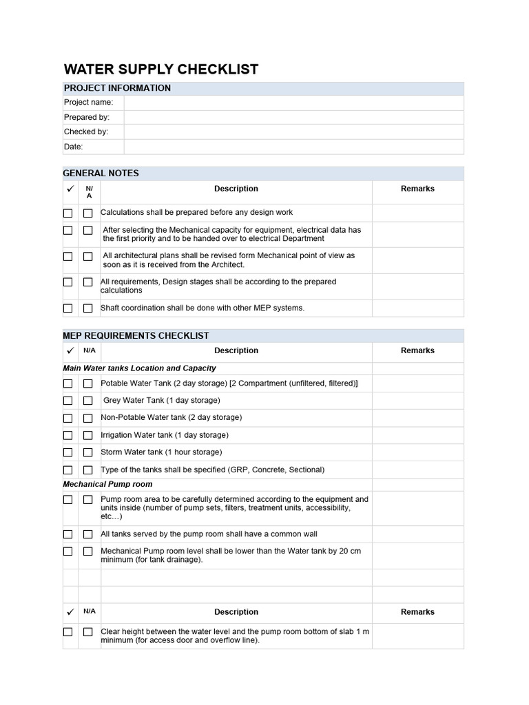 Water Supply Design Checklist | PDF | Water Heating | Pump