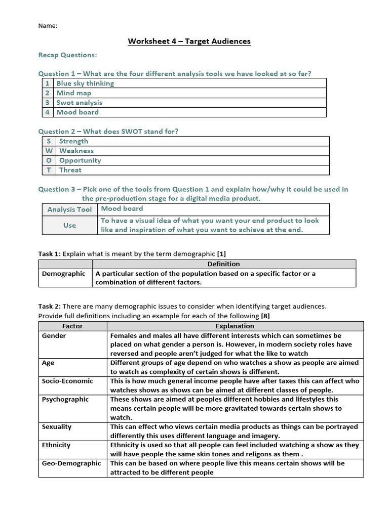 Unit 2 - Lo2 Worksheet 4 - Target Audience | PDF