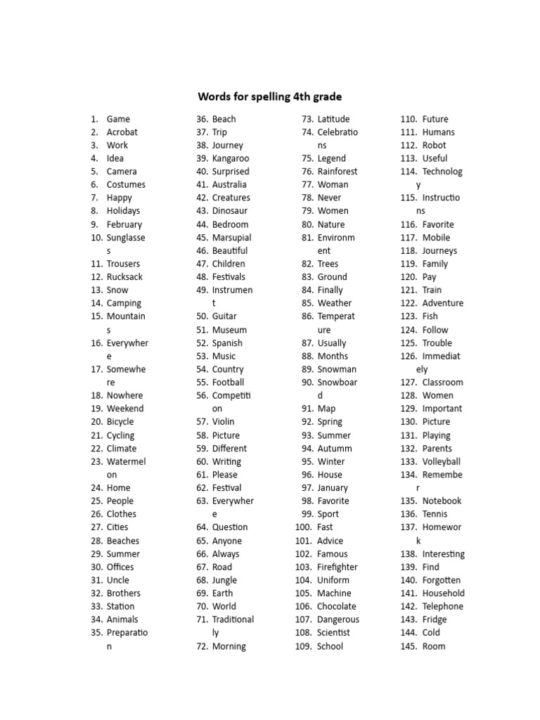 Words For Spelling 4th Grade | PDF