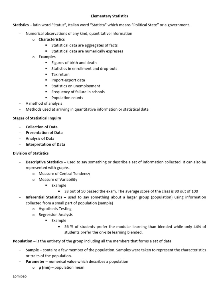 Elementary Statistics Reviewer | PDF | Statistics | Sampling (Statistics) Elementary Statistics Reviewer | PDF | Statistics | Sampling (Statistics)