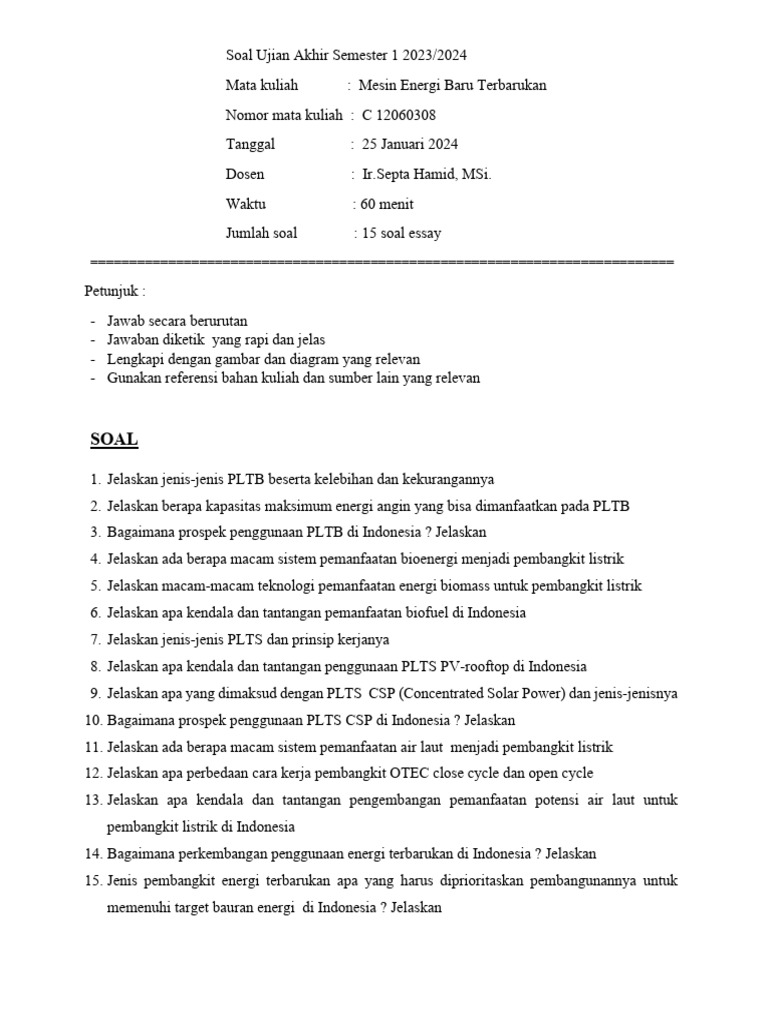 Soal UAS Mesin Energi Terbarukan 2024 | PDF