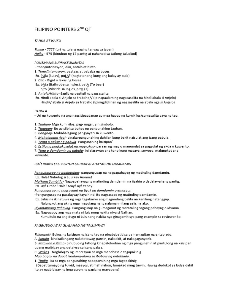 Filipino Pointers 2ND QT | PDF