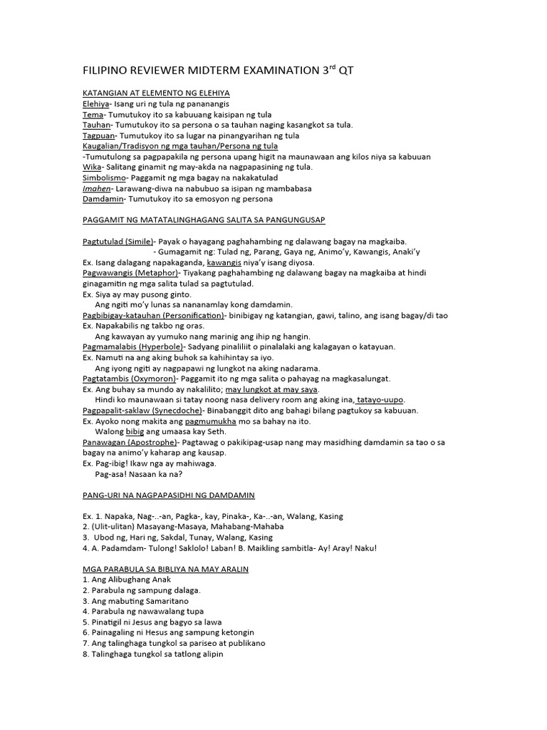 FILIPINO REVIEWER MIDTERM EXAMINATION 3rd QT | PDF