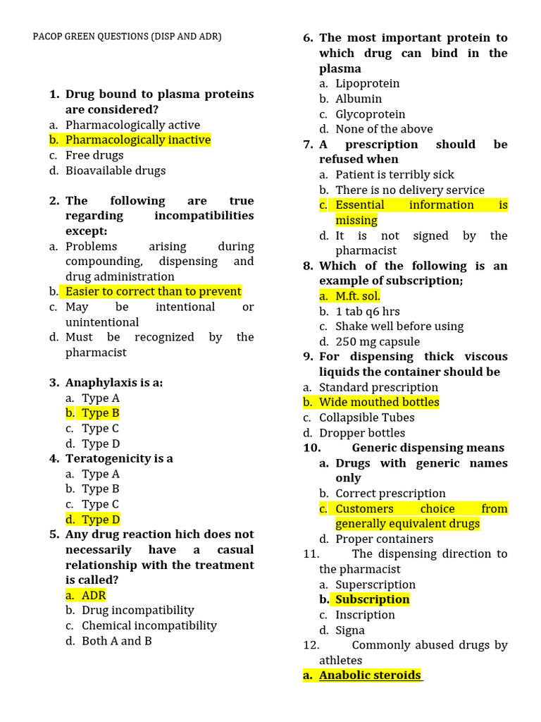 PACOP GREEN QUESTIONS-disp | PDF | Medical Prescription | Pharmacy