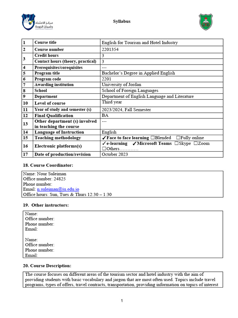 English for Tourism Course Syllabus | PDF | Linguistics | Educational ...