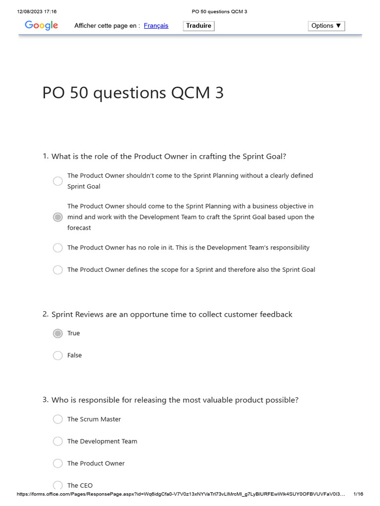 PO 50 Questions QCM 3 Réponses À Valider | PDF | Scrum (Software Development) | Systems Science