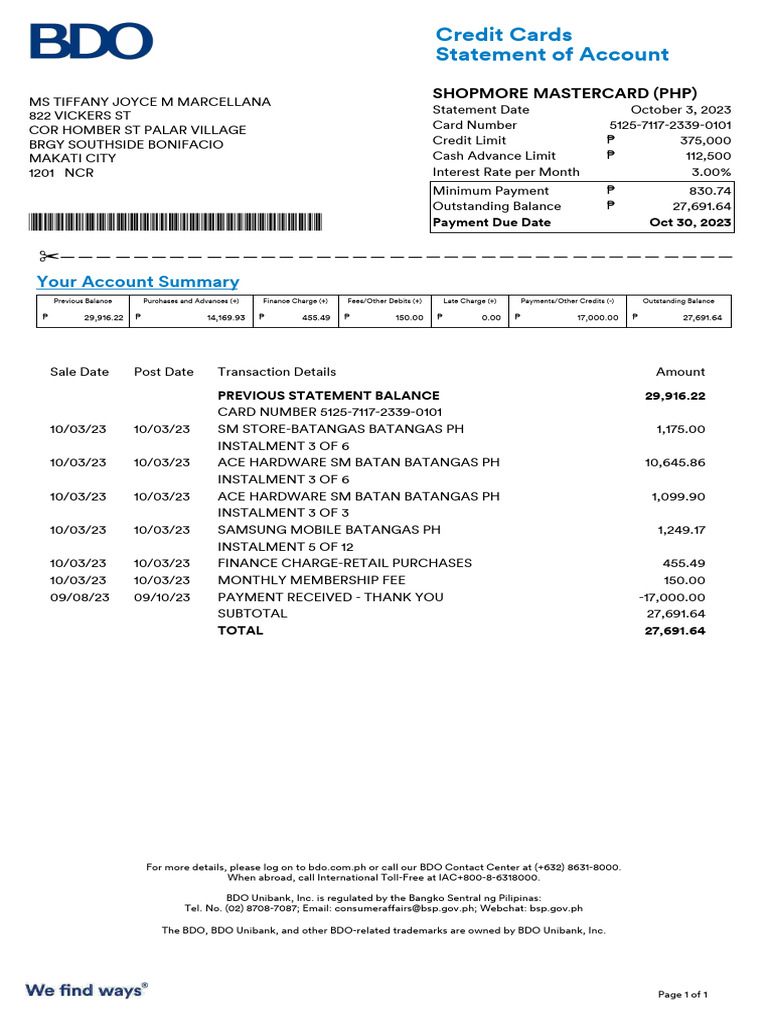 Statement of Account | PDF | Credit Card | Cheque