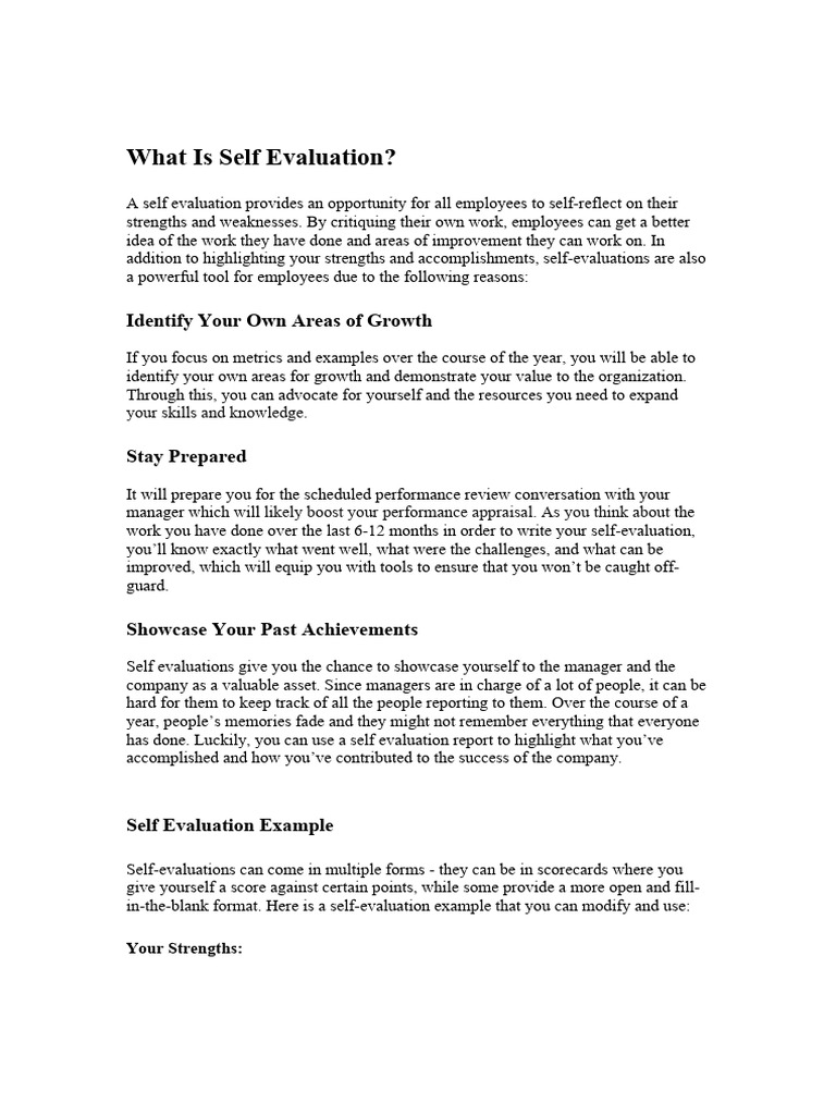 What Is Self Evaluation | PDF | Performance Appraisal | Evaluation