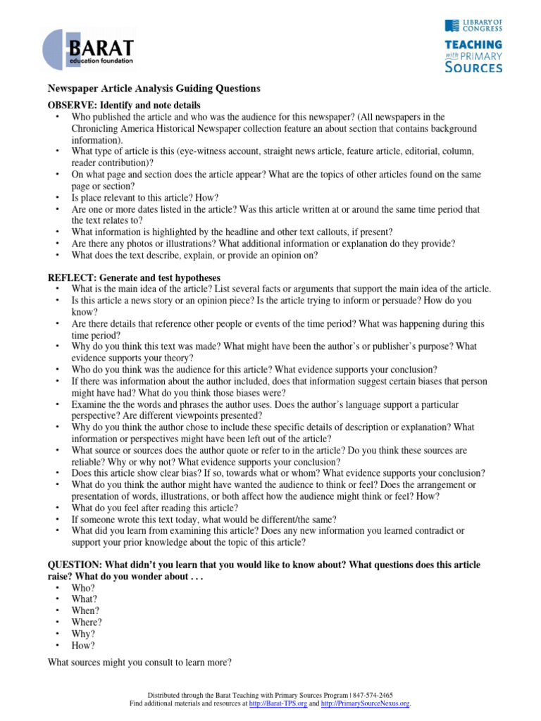 Newspaper Article Guiding Analysis Questions | PDF