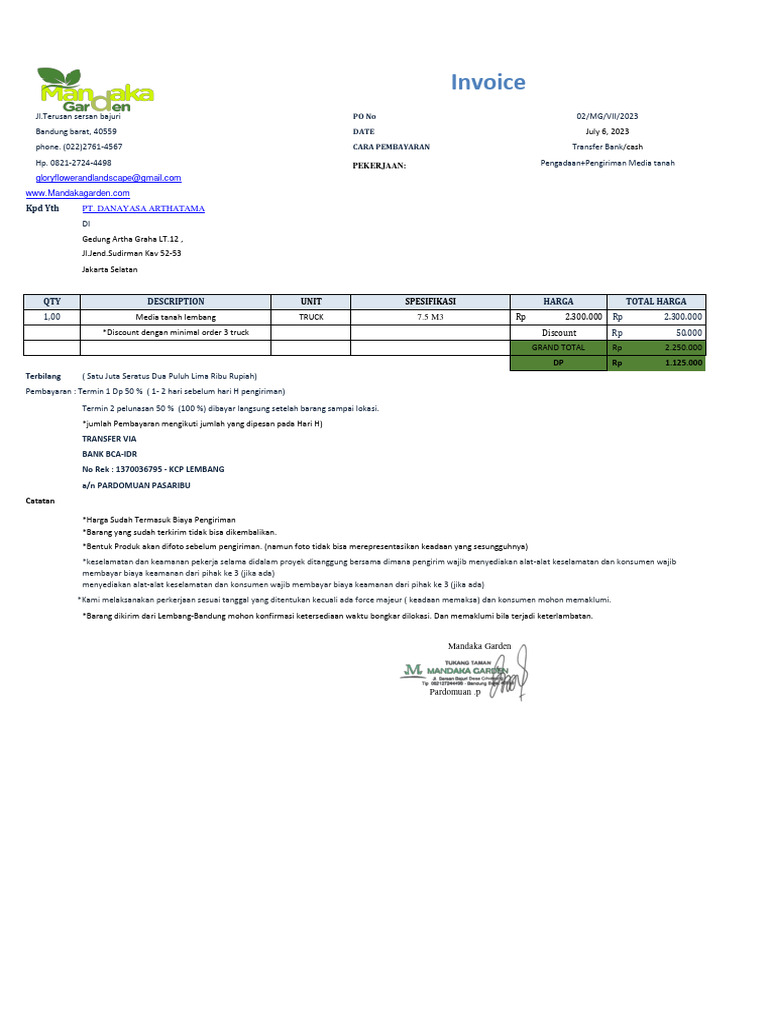 Invoice DP Media Tanah PT - DANAYASA | PDF