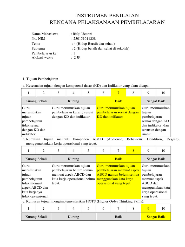 Instrumen RPP PGSD Kelas 2 | PDF
