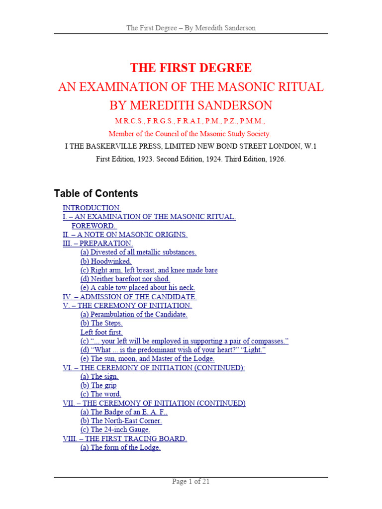 First Degree Masonic Ritual Explained | PDF