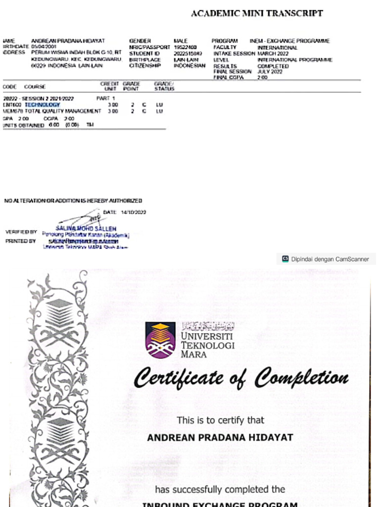 Transkript Dan Sertif UiTM | PDF