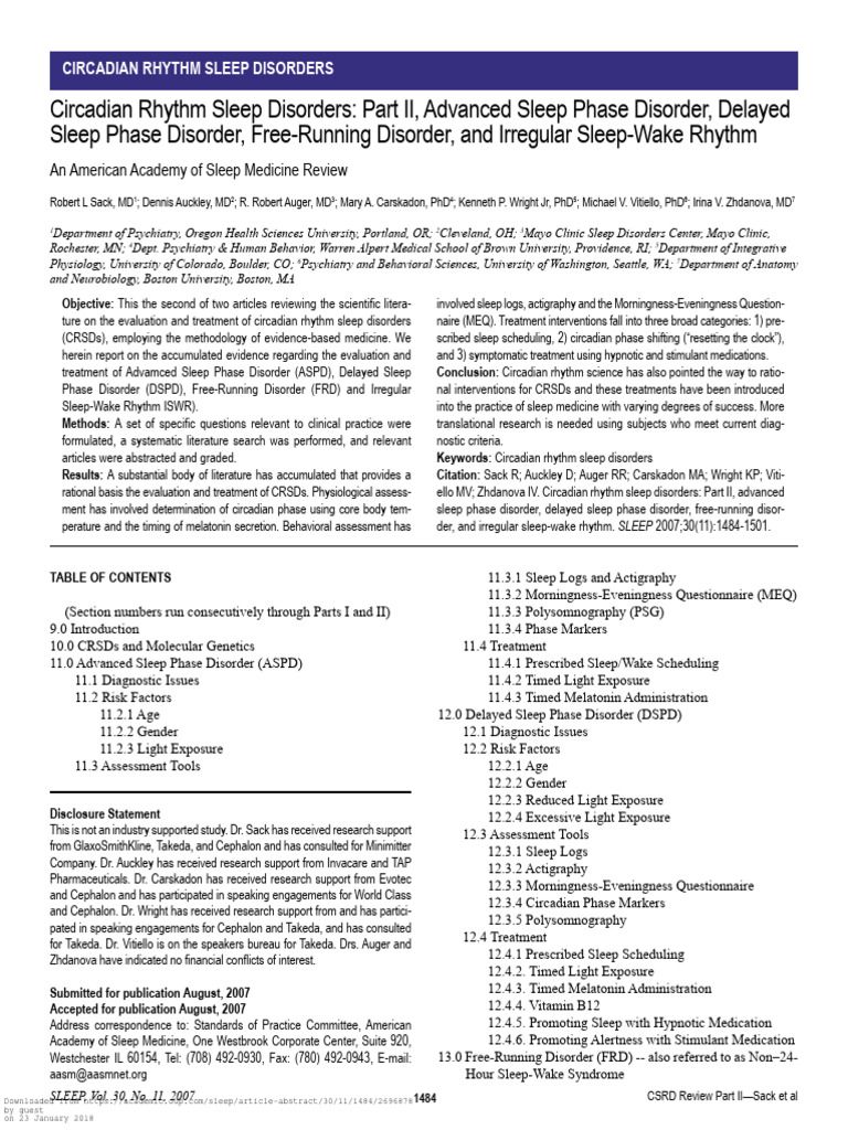 Circadian Rhythm Sleep Disorders Part II Advanced Sleep Phase Di 2007 ... Circadian Rhythm Sleep Disorders Part II Advanced Sleep Phase Di 2007 ...