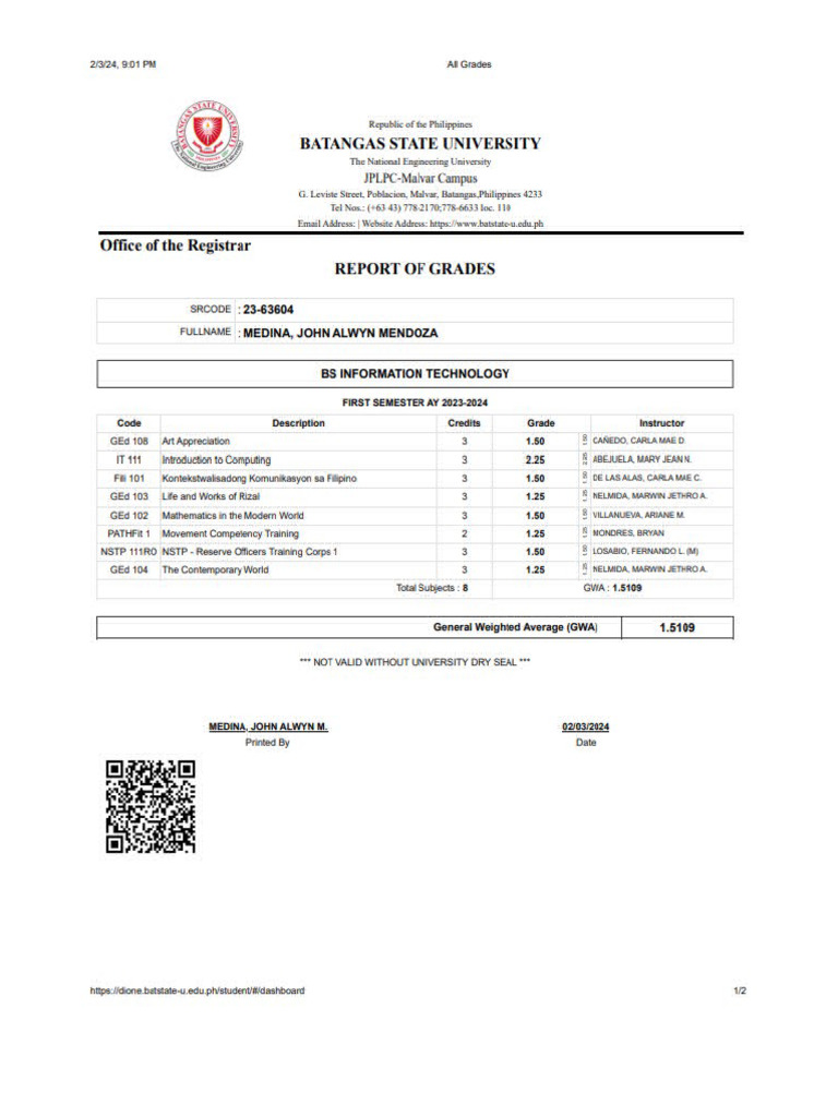 1st Semester Grades | PDF