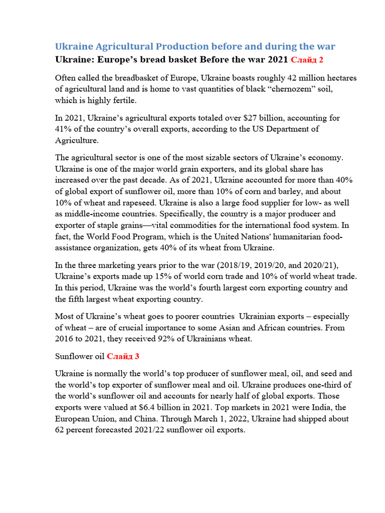 Ukraine Agricultural Production Before and During The War | PDF ...