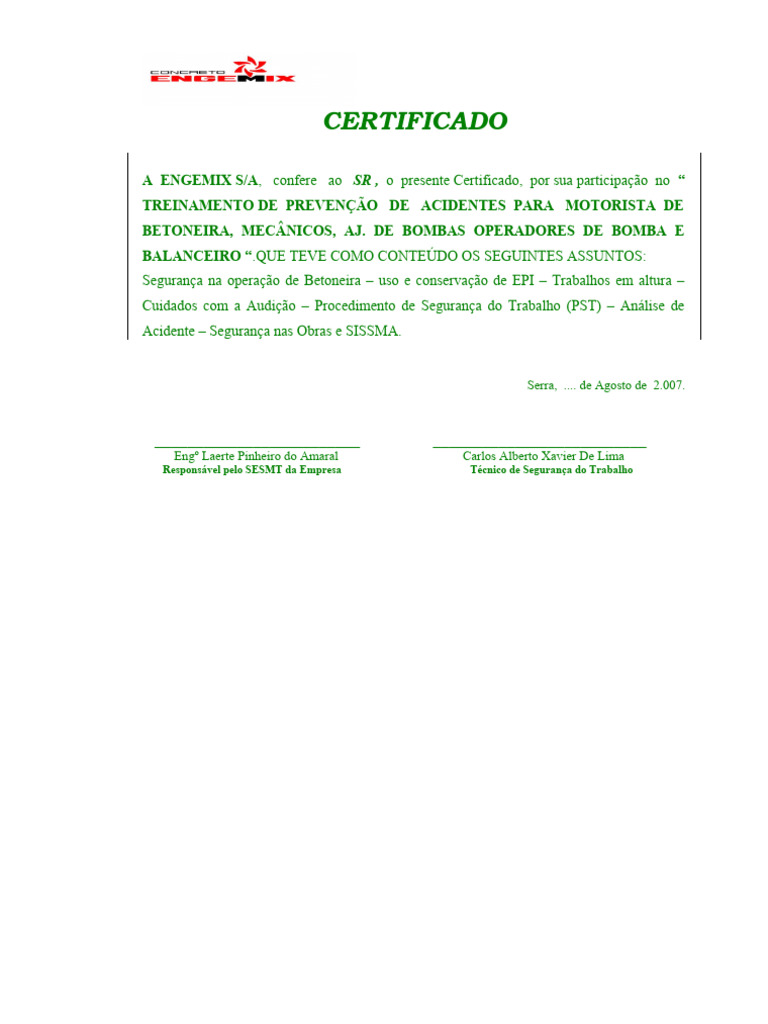 CERTIFICADO MOTORISTA BETONEIRA 2 | PDF
