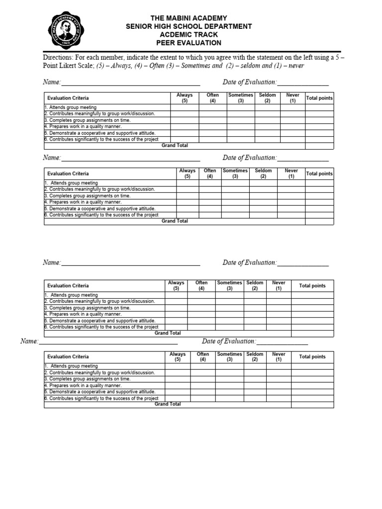 E Peer Evaluation Form-1 | PDF | Psychology | Psychological Concepts