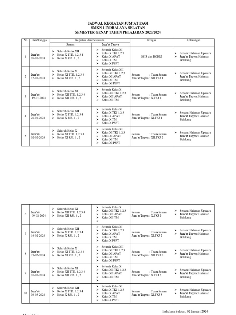 Jadwal Kegiatan Jumat Pagi Semester Genap 2024 | PDF
