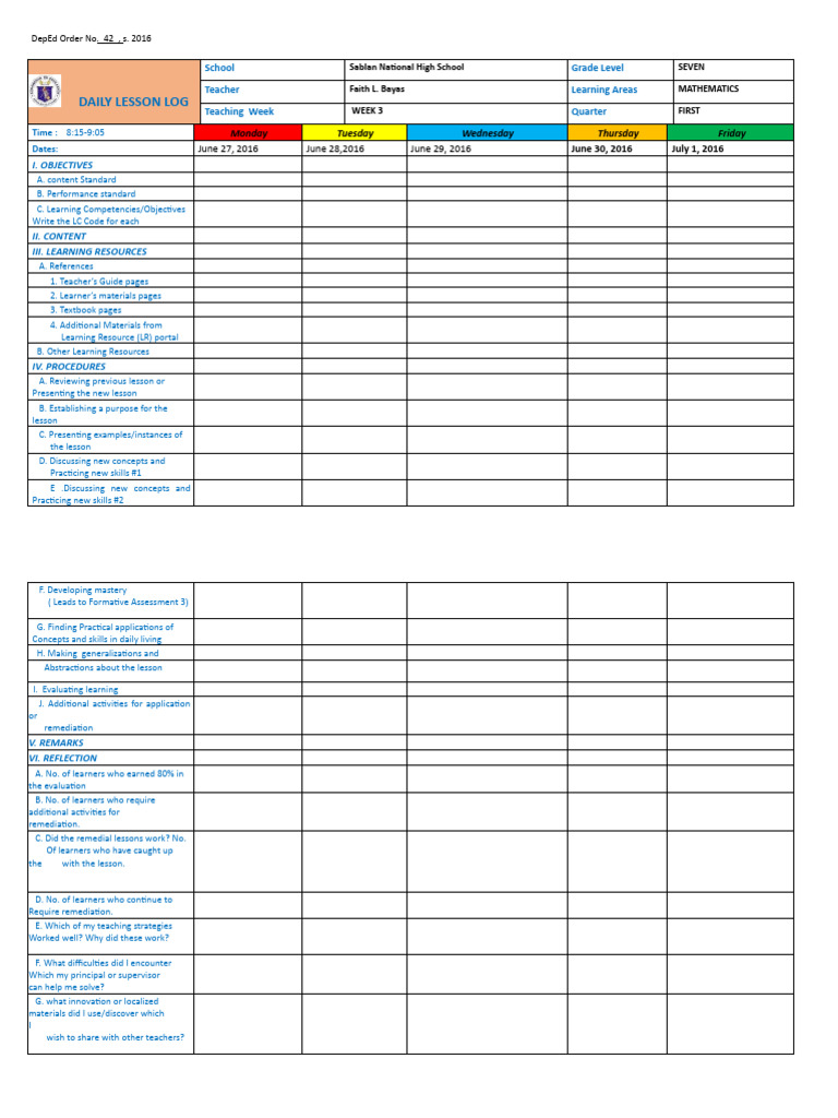 Daily Lesson Log Template Do 42s2016 PDF Free | PDF | Learning | Cognition