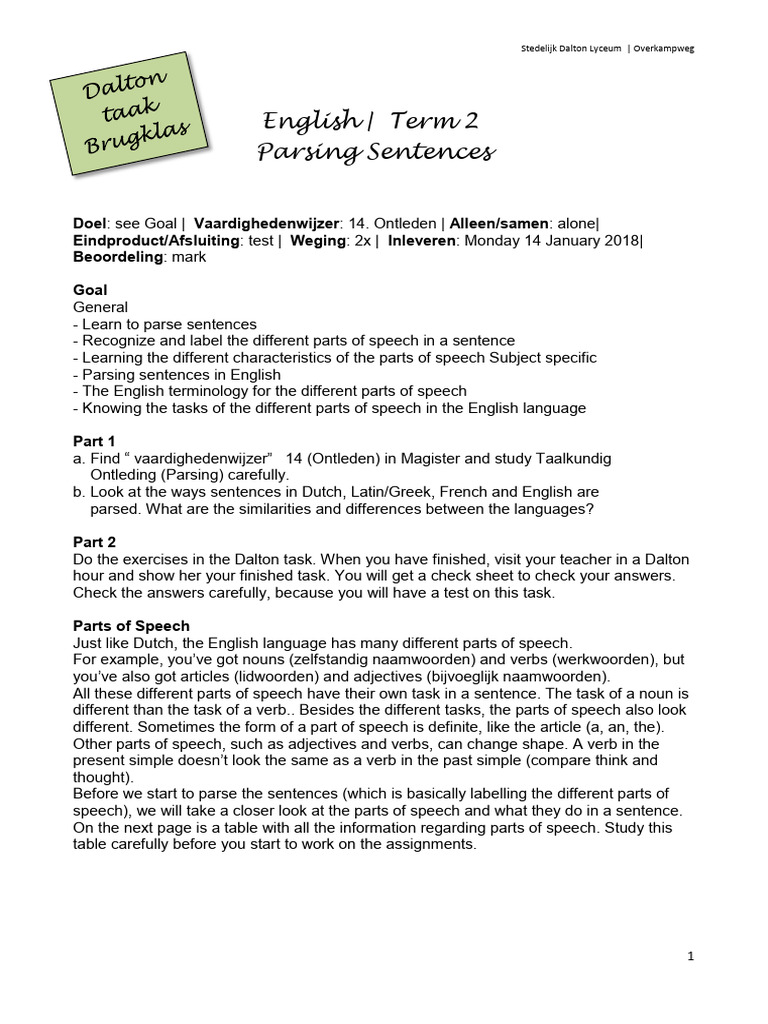 Dalton Task Parsing Sentences | PDF | Part Of Speech | Noun