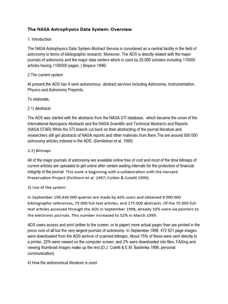The NASA Astrophysics Data System: Overview | PDF | Abstract (Summary ...