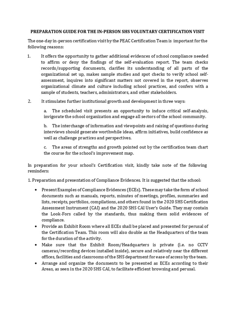 Preparation Guide For The in Person SHS Voluntary Certification Visit ...