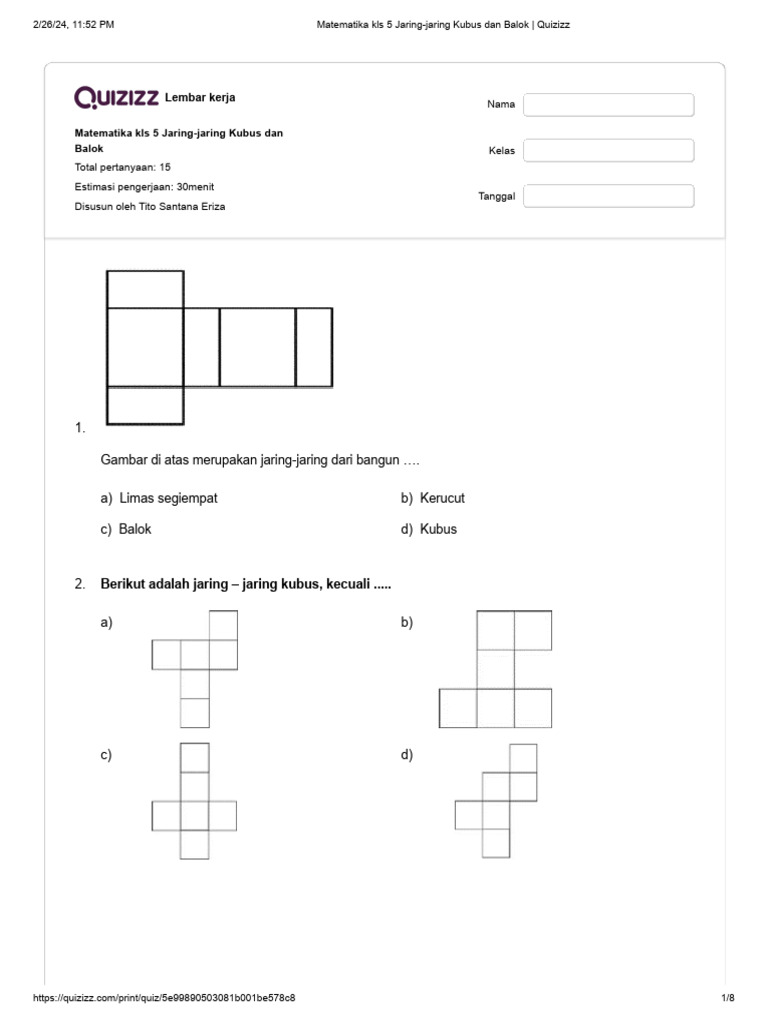 Matematika Kls 5 Jaring-Jaring Kubus Dan Balok - 15 Soal Dengankunci | PDF