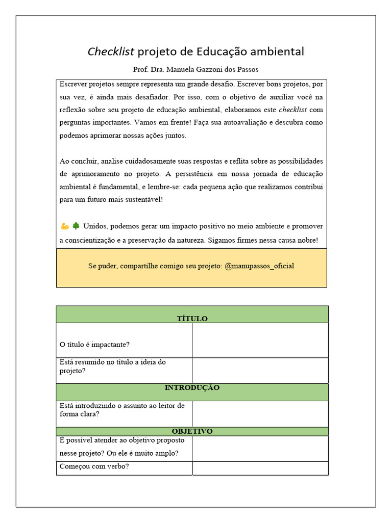 Checklist Projeto Educação Ambiental | PDF | Carreira e Crescimento ...